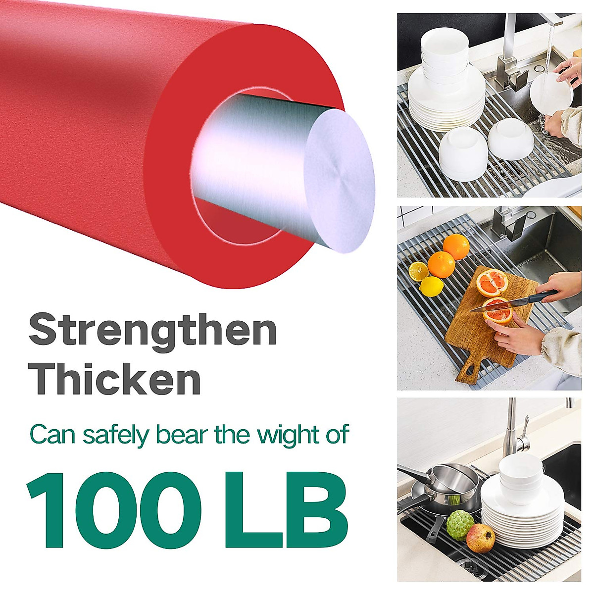 Roll Up Rack, Collapsible Dish Drying Rack-In The Sink Drying Mat-Multipurpose Dish Drainer-Rv Dish Drying Rack-Fruits and Vegetable Rinser-Durable Silicone Covered Stainless Steel Black, TECI TCF001B