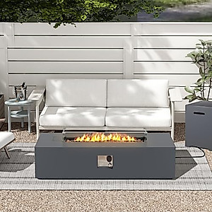 UPHA 56-inch Outdoor Propane Gas Fire Pit Table 50000 BTU Concrete Rectangle Fire Pit for Outside Patio with Propane Tank Cover, Wind Guard, Lava Rocks, Rain Cover, Grey