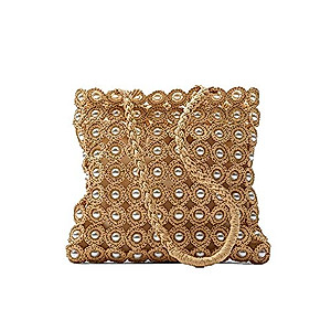 QTKJ Hand-woven Hollow Out Soft Straw Shoulder Bag with Pearl Flower, Boho Straw Handle Tote Summer Beach Bag Handbag