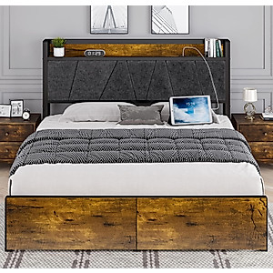 Catrimown Full Size Bed Frame with Charging Station and Storage Headboard, Platform Bed Frame Full Size with Storage Drawers, No Box Spring Needed/Strong Slat Support/Easy Assembly, Rustic Brown