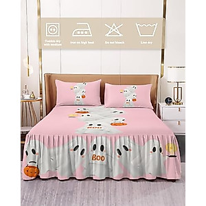 AMZRicher Halloween Wrap Around Pleated Bed Skirts for Queen Bed 60x80, Decorative Dust Ruffle Bed Sheet & Bedskirt 18'' Drop Bedspread with Pillow Case 20x30 White Ghost Pumpkin Blush Pink