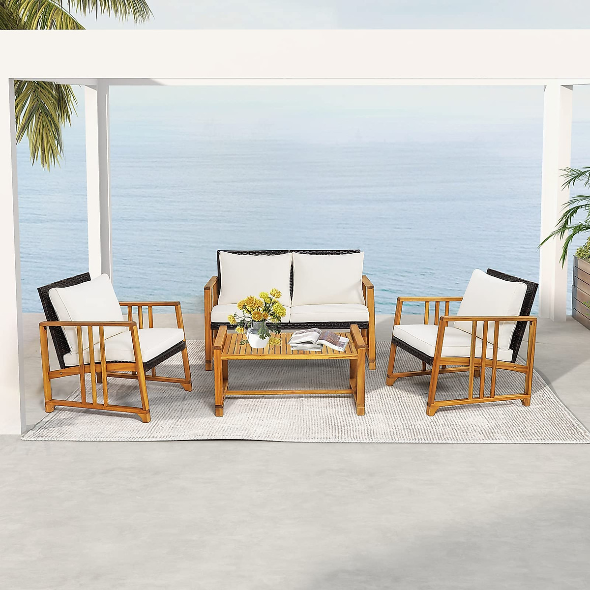 Tangkula 4 Pieces Patio Sofa Set, Outdoor Mix Brown Rattan Conversation Set with Acacia Wood Frame, Cozy Seat & Back Cushions, All-Weather PE Wicker Chair & Table Set for Porch, Poolside (Off White)