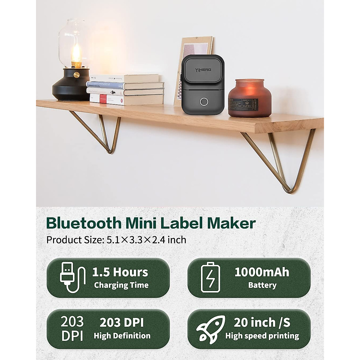 YiHERO YP10 Mini Label Printer Thermal Bluetooth Portable Label Maker-Compatible with Android & iOS, Multifunction for Business Clothing Mailing Office Home