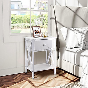 GOOD & GRACIOUS Nightstand End Side Table with Drawer Night Stand End Tables with Shelf for Living Room, Bedroom, Bed Side, Small Narrow Side Tables, Metal White