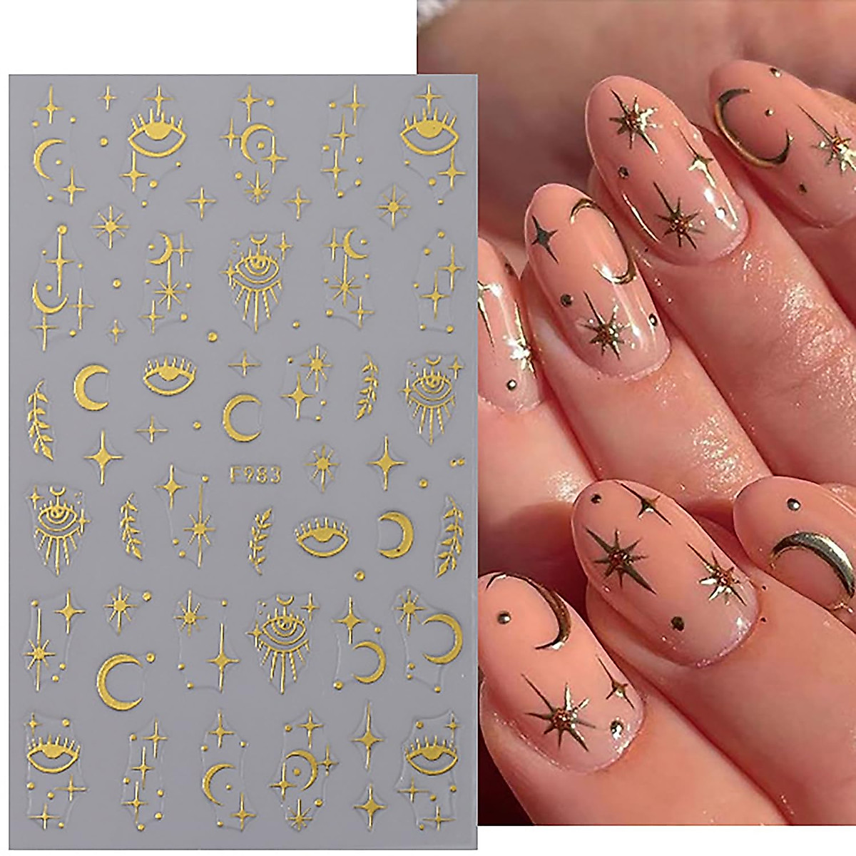 8 Sheets Gold Nail Sticker 3D Self-Adhesive Nail Decals Art Unique Moon Sun Stars White Cloud Snake Design Nail Art Sticker Decoration for Women Manicure Tips Acrylic Nails DIY Nails Art Supplies