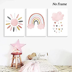 Sun Rainbow Canvas Wall Art Nursery Pink Rainbow Print Sun and Rainbow Nursery Wall Art Sun and Clouds Painting Light Pink Rainbow and Sun Art Nordic Pictures Girls Room Decor 12x16inch X3pcs No Frame