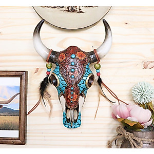 Ebros Gift Southwestern Tribal Indian Dreamcatcher Feathers Turquoise Beads and Faux Tooled Floral Leather Steer Cow Skull Wall Head Decor Hanging Plaque Bison Buffalo Wild Animal Resin Figurine