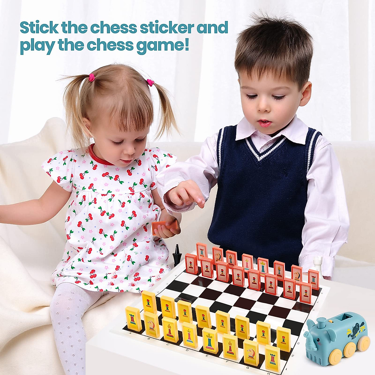 O WOWZON 3 in 1 Automatic Domino Train Toy-140 PCS Building and Stacking Electric Running Toys Light & Sound Trains, Colorful Fun Stickers and Chess Game,Storage Bag,Gift for Boys Girls kids