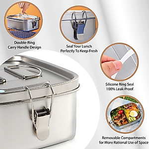 SUBRON Stainless Steel Bento Box with Removable Divider, 1100ML 2 Compartment Metal Lunch Box 100% Leak Proof Food Containers with Secure Locks, Fits in Lunch Bag & Backpack