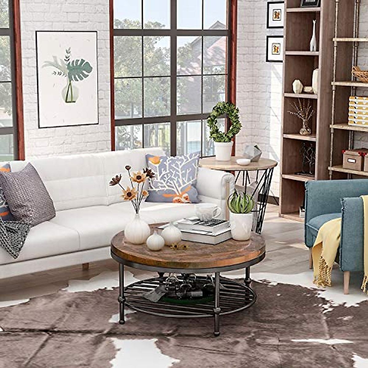 P PURLOVE Easy Assembly Hillside Rustic Natural Coffee Table with Storage Shelf for Living Room (Brown)