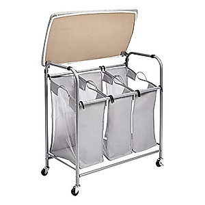 Amazon Basics 3-Bag Rectangular Laundry Sorter with Ironing Board Top, 31.5"L x 16.14"W x 33.07"H, Grey