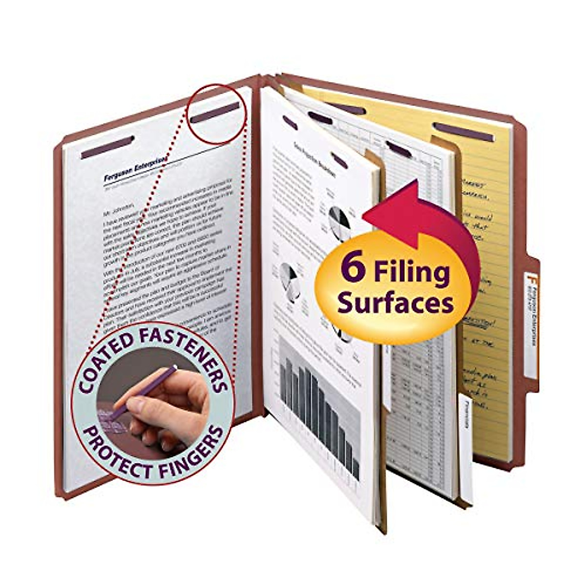 Smead Pressboard Classification File Folder with SafeSHIELD Fasteners, 2 Dividers, 2" Expansion, Letter Size, Red, 10 per Box (14073)