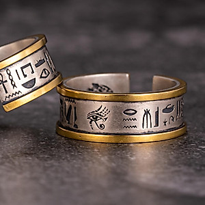 Copper and 925 Sterling Silver Eye of Horus Ring Two Tone Ancient Egyptian Hieroglyphics Band Ring Punk Jewelry for Men Women Open and Adjustable 8mm Size M