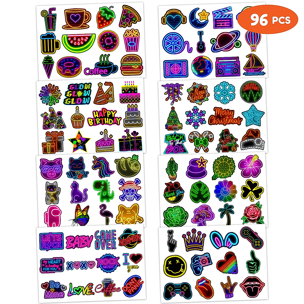 Neon Temporary Tattoos Theme Birthday Party Decorations Supplies Favors Decor 96 PCS 8 Sheets Cute Tattoo Stickers For Children Kids Boys Girls School Gifts Rewards Home Activity