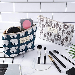 4 Pieces Canvas Cosmetic Bags Set Printed Makeup Bags with Zipper Multi-Functional Canvas Travel Pouch for Women Girls Vacation Travel Toiletry Bag, 4 Styles (Whale, Bear, Tree, Leave, Small)