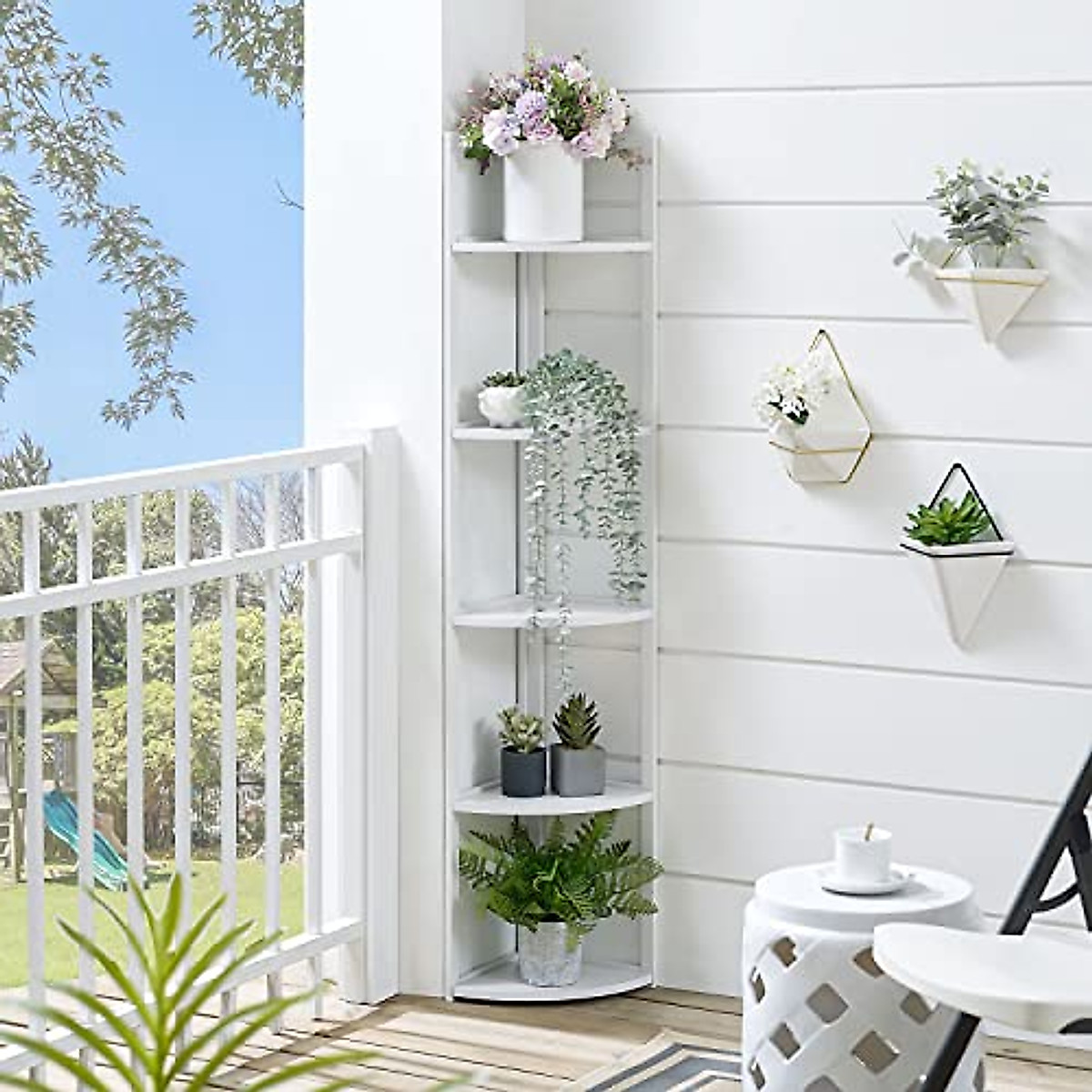 HMOREY 5-Tier Corner Shelf, Corner Bookshelf Small Bookcase Corner Storage Rack Plant Stand for Living Room, Home Office, Kitchen, Small Space (White-1)