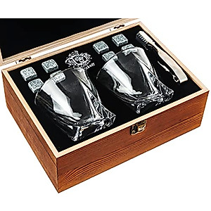 𝗕𝗘𝗦𝗧 𝗚𝗜𝗙𝗧: Fathers Day Dad Gifts For Men - Whiskey Glass Set of 2 - Bourbon Whiskey Stones Wood Box Gift Set - Includes Crystal Whisky Glasses, Chilling Rocks, Slate Coasters for Scotch Burbon