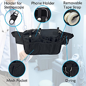 Oisinlas Nurse Fanny Pack with Multi-Compartment Medical Waist Bag with Tape and Stethoscope Holder Utility Storage for Medical Supplies for Student and Nurses (Black)