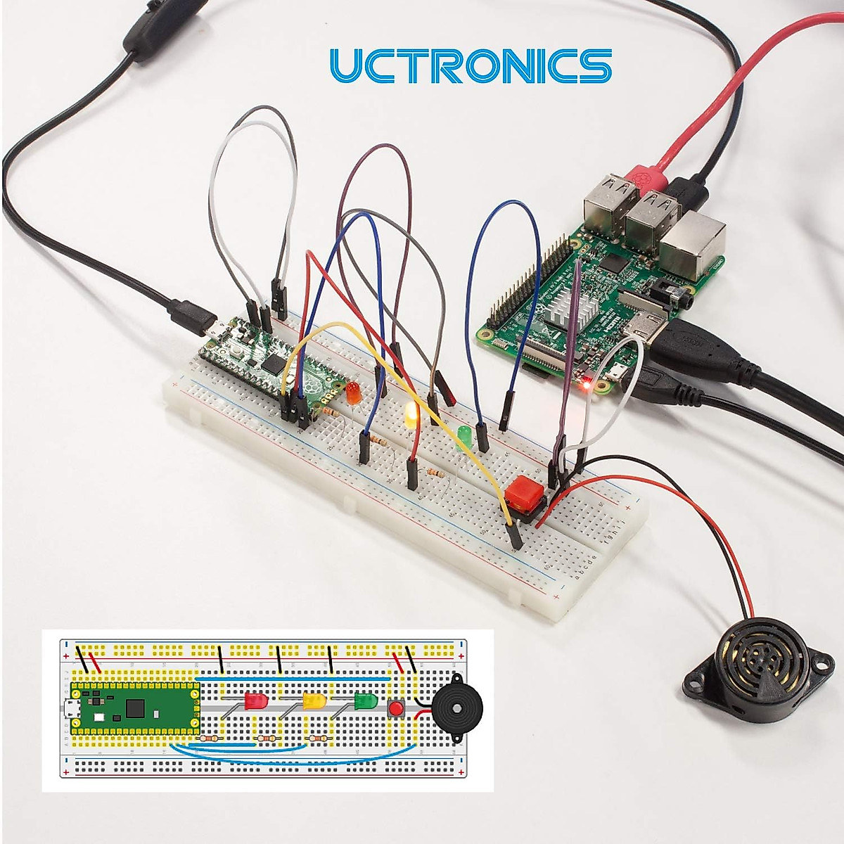 UCTRONICS GPIO Breakout Kit for Raspberry Pi Pico- Assembled Pi T- Type Breakout + 830 Tie Points Solderless Breadboard + 40 Pin Male - Female - Male Rainbow Ribbon Cable + 65pcs Jump Wires