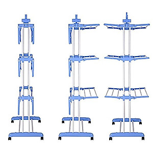 Aquaterior Folding 3 Tier Clothes Drying Rack Rolling Collapsible Garment Laundry Dryer Hanger Stand Rail with Two Side Wings Indoor Blue