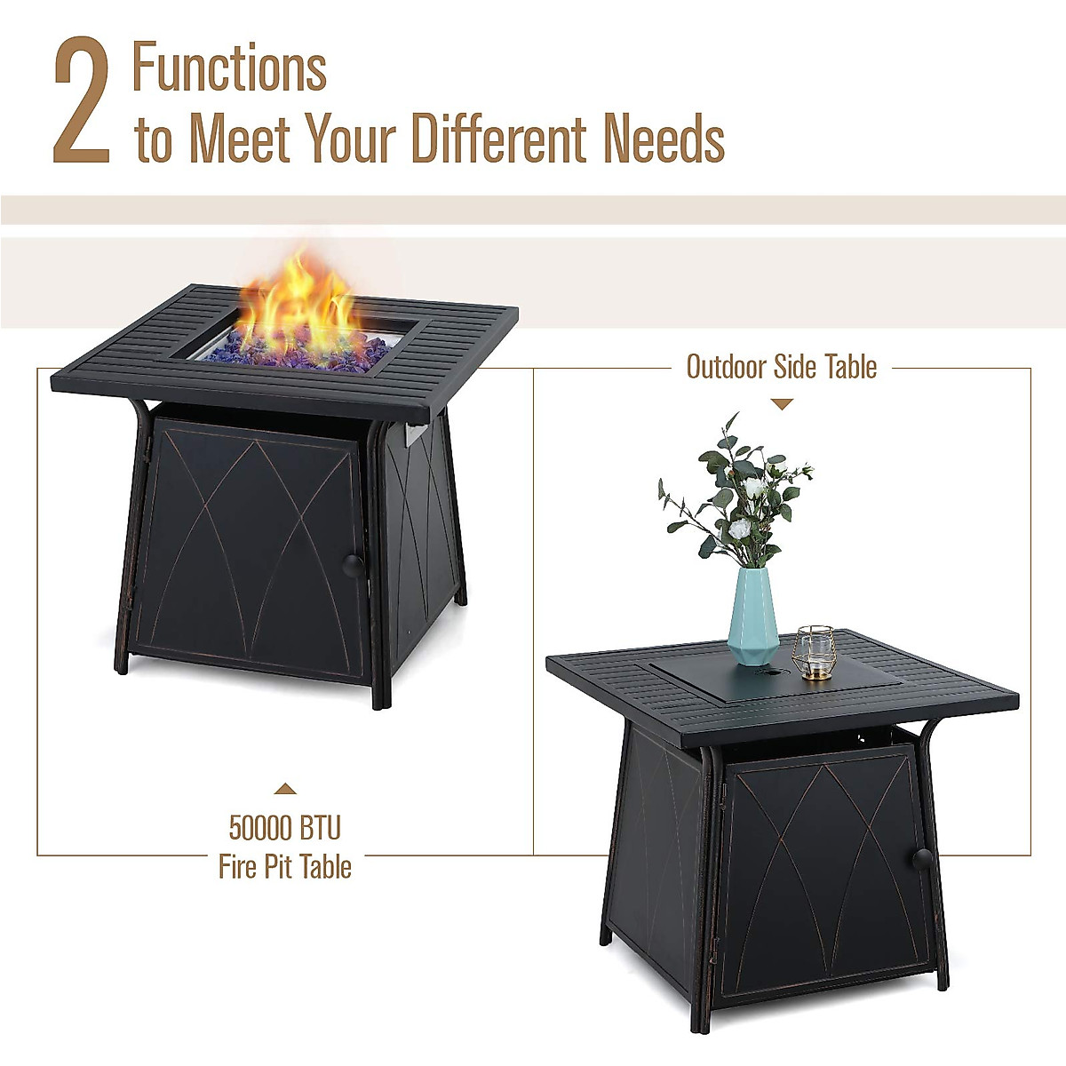 MFSTUDIO 28 Inch Propane Gas Fire Pit Table & Wicker Chairs Furniture Set with Blue Fire Glass, Multi-Function Outdoor Patio Conversation Set, 50,000 BTU, CSA Certification