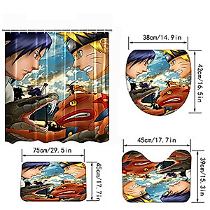 4 Piece Cool Anime Shower Curtain Sets with Non-Slip Rugs, Toilet Lid Cover, Bath Mat and 12 Hooks, Bathroom Decor Set Accessories Waterproof Shower Curtains
