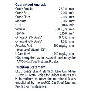 Blue Buffalo Basics Skin & Stomach Care Grain Free, Natural Indoor Mature Dry Cat Food, Turkey & Potato 11-lb