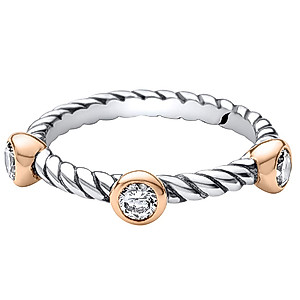 PEORA Cubic Zirconia 3-Stone Stackable Ring in Sterling Silver, Cable Rope Band for Women 2.1mm Sizes 9