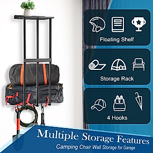 YUNFUTIEI Camping Chair Wall Storage for Garage - Metal Camping Chair Wall Mount Holder | Carries 4 Hooks and Anti-Slip Barrier | Garage Storage Rack for Chair, Tents, Umbrella, Yoga Mats, etc.