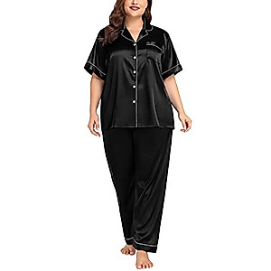 SWOMOG Women's Plus Size Pajamas Silk Satin Pajama Set Short Sleeve Shirt with Full-Length Pants Pj Set Soft Sleepwear 22W Black