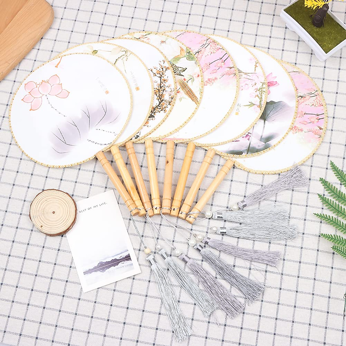 Eyomii 1 Pcs Chinese Round Fan Chinese Style Round Fan with Wooden Handle Portable Printed Vintage Fan Translucent Silk Ancient Hand Fan Gift for Girls Women.