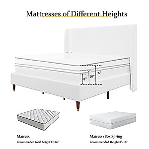 Jocisland King Size Bed Frame 51.2" High Linen Upholstered Platform Bed with Wingback Headboard/No Box Spring Needed/Easy Assembly/White