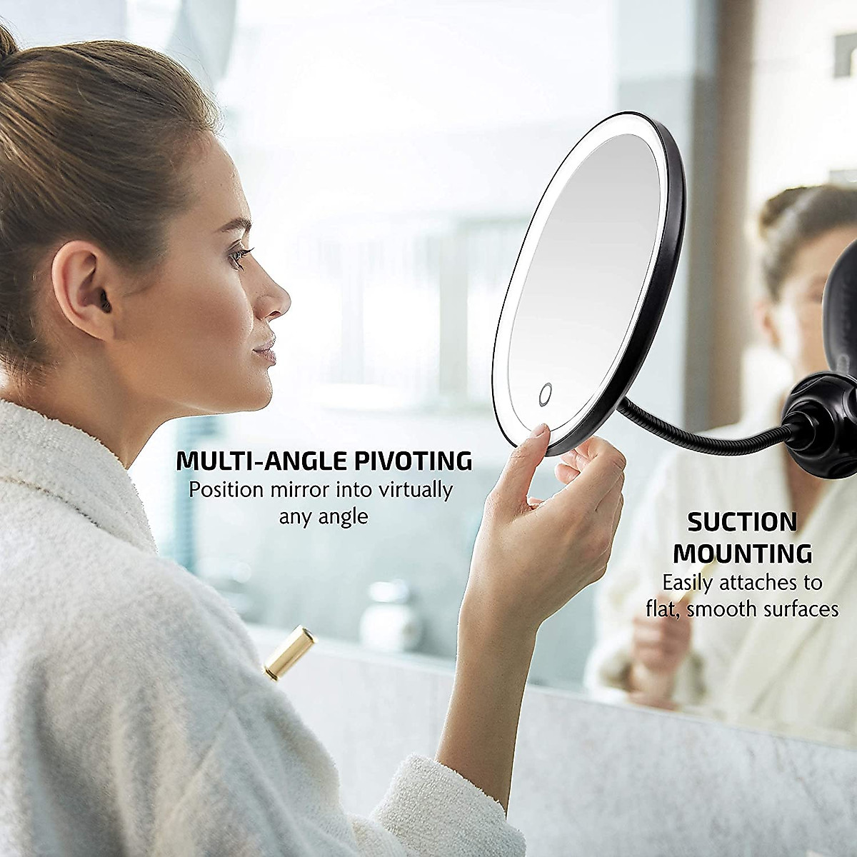 OVENTE 9'' Lighted Wall Mount Makeup Mirror with Mini Magnetic 10X Magnifying Mirror, Rechargeable Vanity Mirror, Touch Screen Dimmable LED Lights, Flexible Gooseneck & Suction Mounting, Black MOW22B