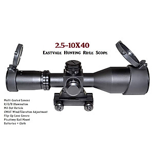 Eastvale 2.5-10X40 Compact Rifle Scope with Illuminated Red, Green, Blue Mil-Dot Reticle Including Quick Detach Picatinny Mount