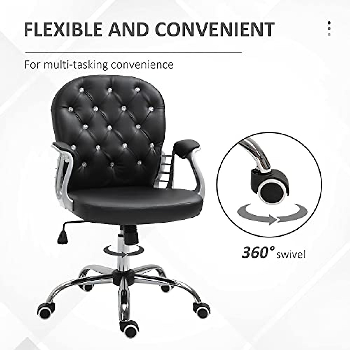 Vinsetto Vanity PU Leather Mid Back Office Chair Swivel Tufted Backrest Task Chair with Padded Armrests, Adjustable Height, Rolling Wheels, Black