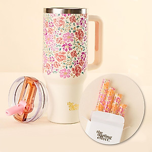The Darling Effect Tumbler with Handle Matching Lid and Straw 40 oz Tumbler with Reusable Straws Garden Pink Stainless Steel Travel Mug 6 Piece Set for Hot Drinks Iced Coffee