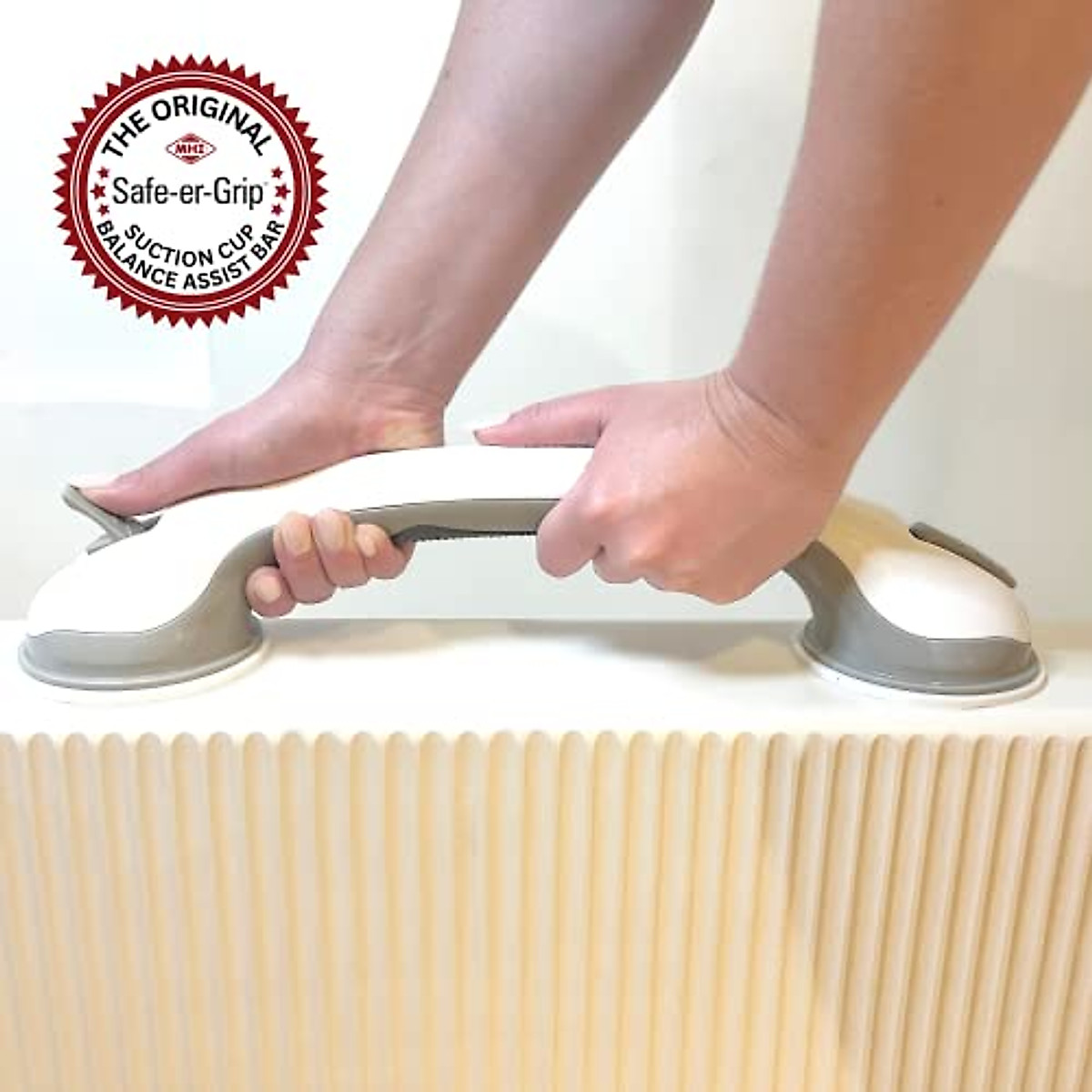 Safe-er-Grip Changing Lifestyles Suction Cup Grab Bars For Bathtubs & Showers; Safety Bathroom Assist Handle, White & Grey, 16 Inches