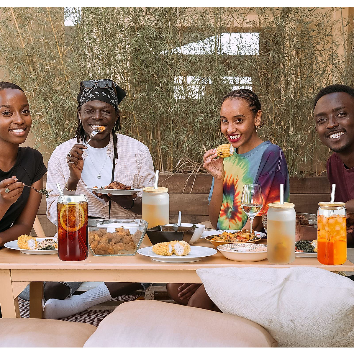 Beer Can Glass with Bamboo Lids and Glass Straws, Father's Day Gift Box 4 Pack 16oz Drinking Glasses with Lids and Straws, Can Shaped Glass Cups, Iced Coffee Cup, Beer Glasses (4pcs)