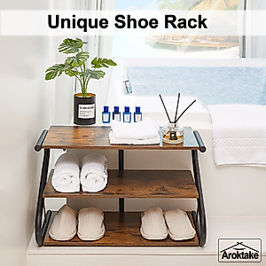 Aroktake 3-Tier Shoe Rack, Z-Frame Wooden Shoe Shelf with Durable Metal Shelves for Hallway, Living Room, Closet, Bedroom (Rustic)