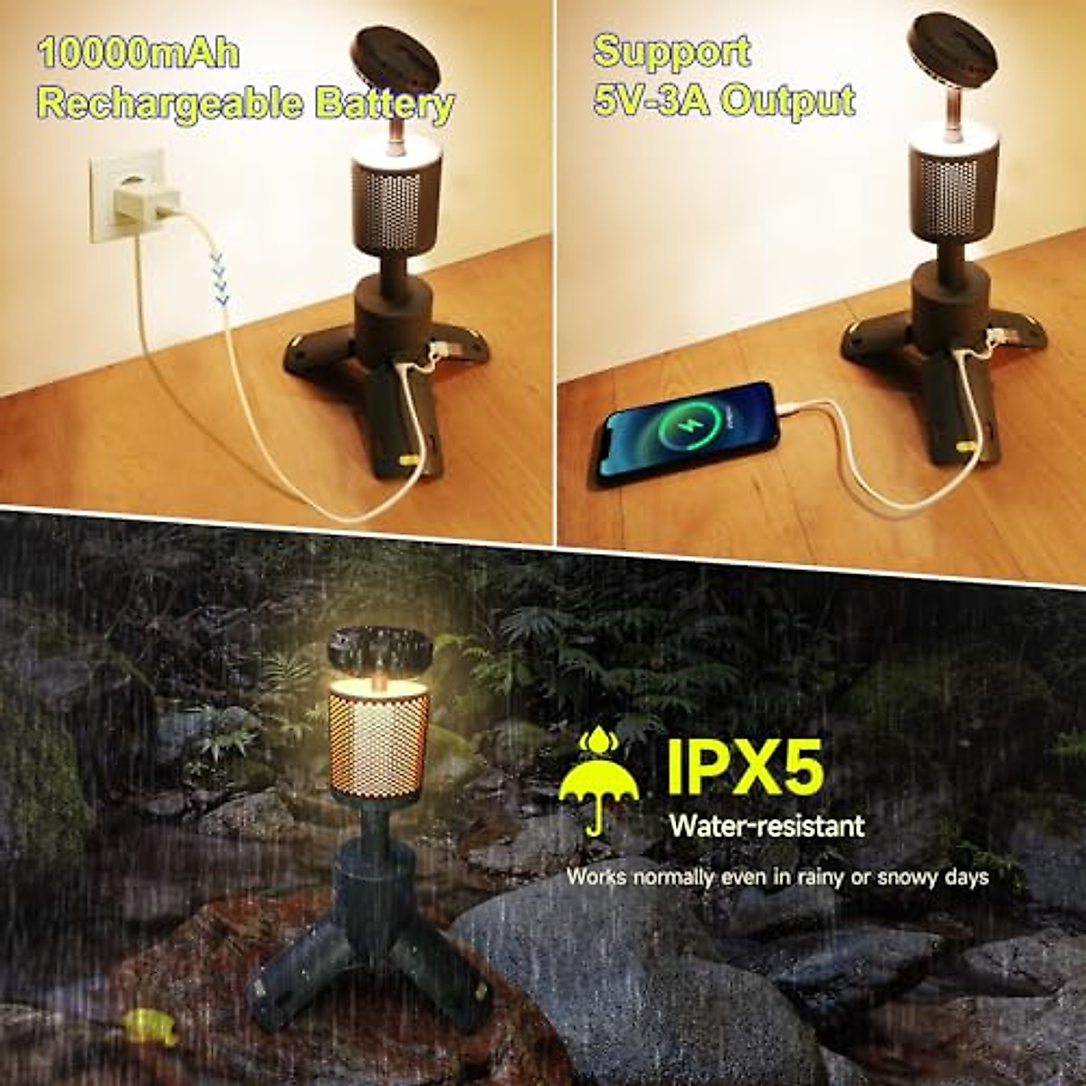 Camping Lantern Rechargeable - Multifunction LED Lantern Battery Powered 10000mAh- Portable Camping Lamp and Flashlight - Telescoping Camp Lights for Hiking,Camping,Emergency Lighting Black