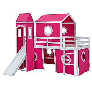 Full Size House Loft Bed Kids Loft Beds with Slide, Tent and Tower, Solid Wood Loft Bed with Small Pinnacle for Kids Girls Boys Teens (Pink)