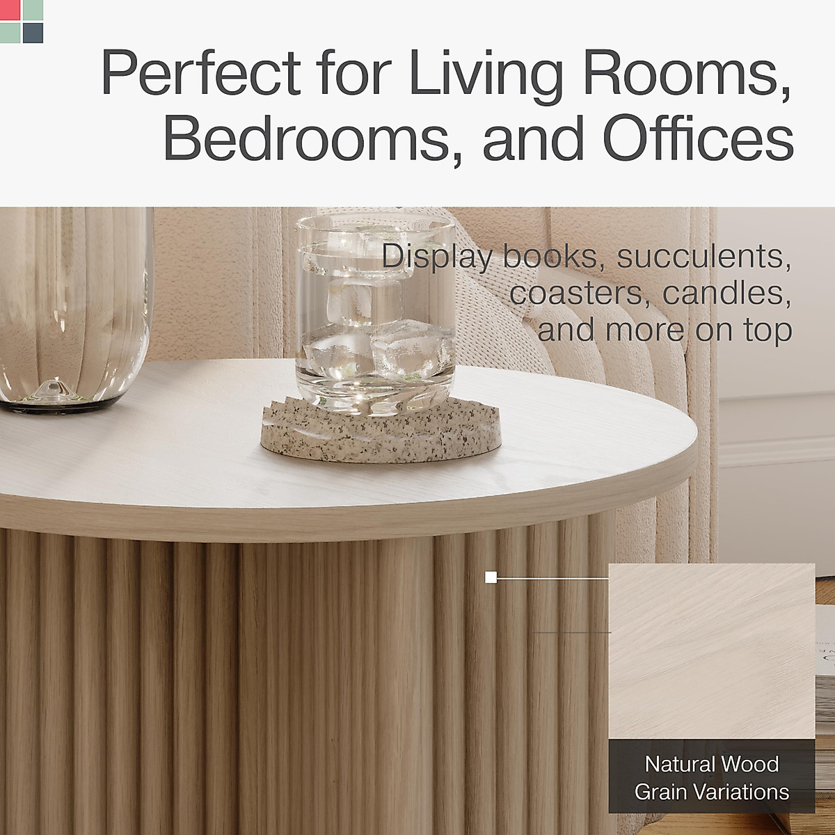 Round Fluted Accent Side Table - Pedestal Drink Table - Modern Home, Bedroom, and Living Room Furniture - Small Round End Table with Solid Wood X-Base and Wood Veneer Top (Weathered White)