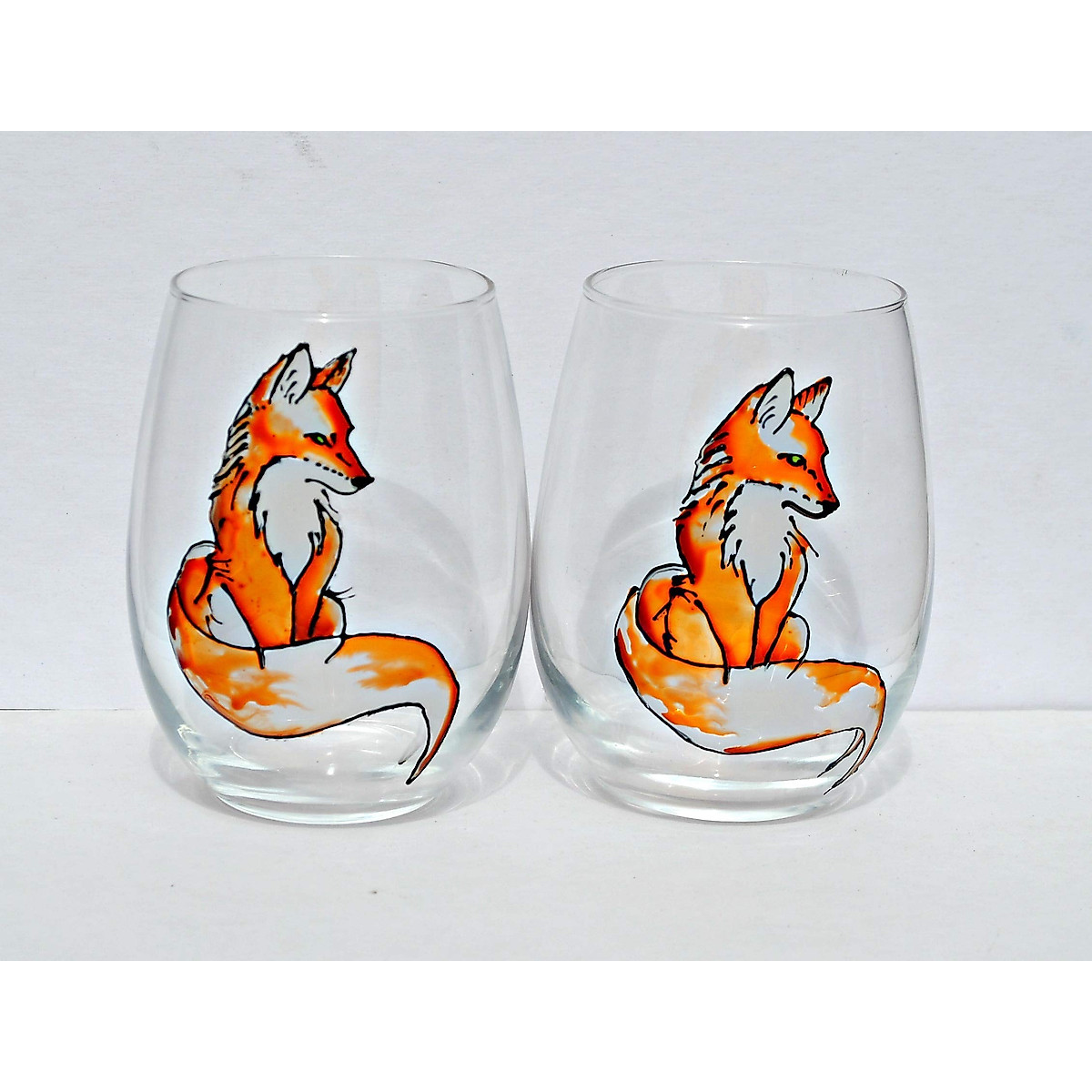 Red Fox Hand Painted Stemless Wine Glass Set of 2 Fall Farmhouse Home Decor