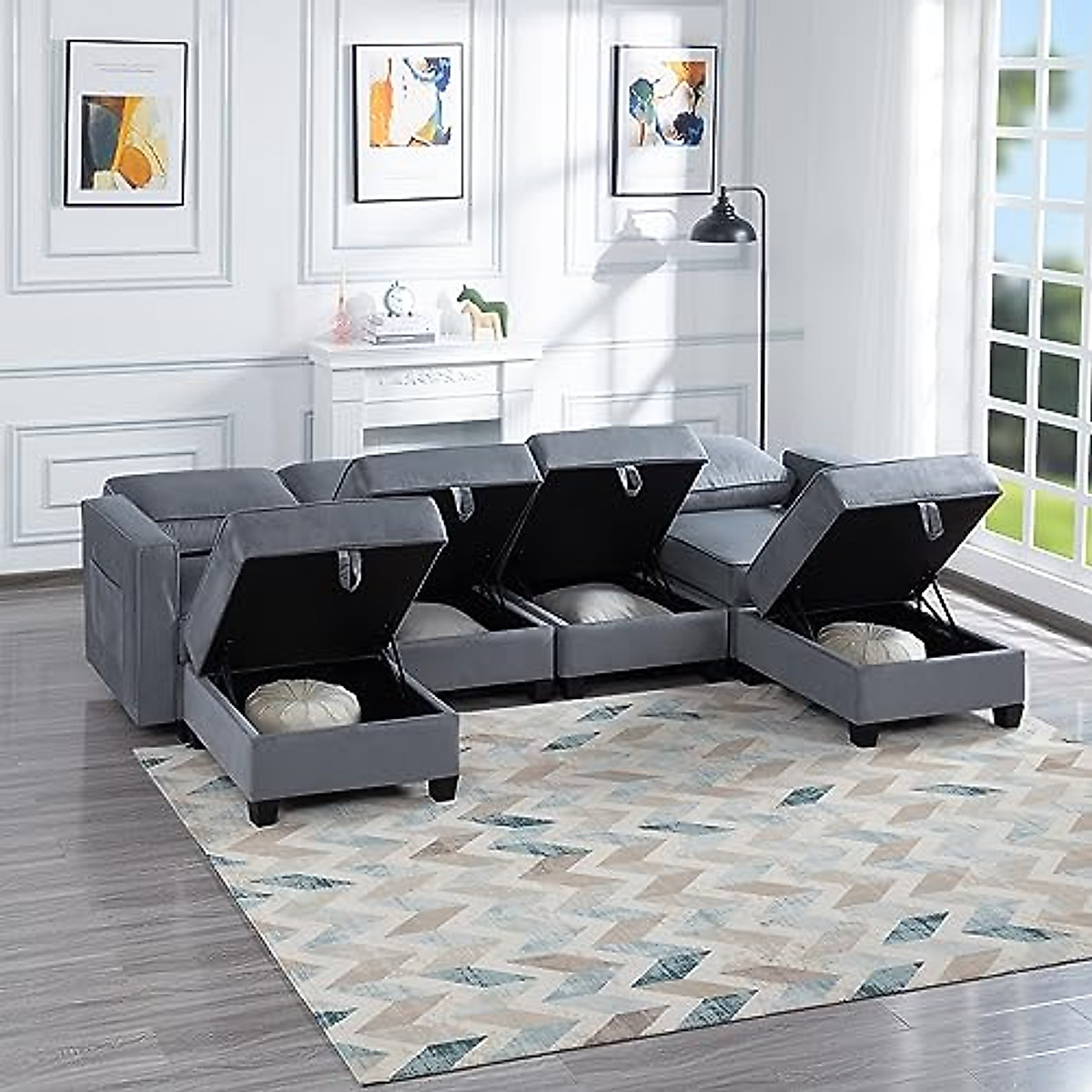 EMKK 116''Sectional Couch 6 Seats, Modular U Shaped Sofa with Ottomans, Large Chaise Reversible Sofá for Living Room,Velvet Reversible Sleeper Chaise Bed Storage Seat,w/Side Pocket