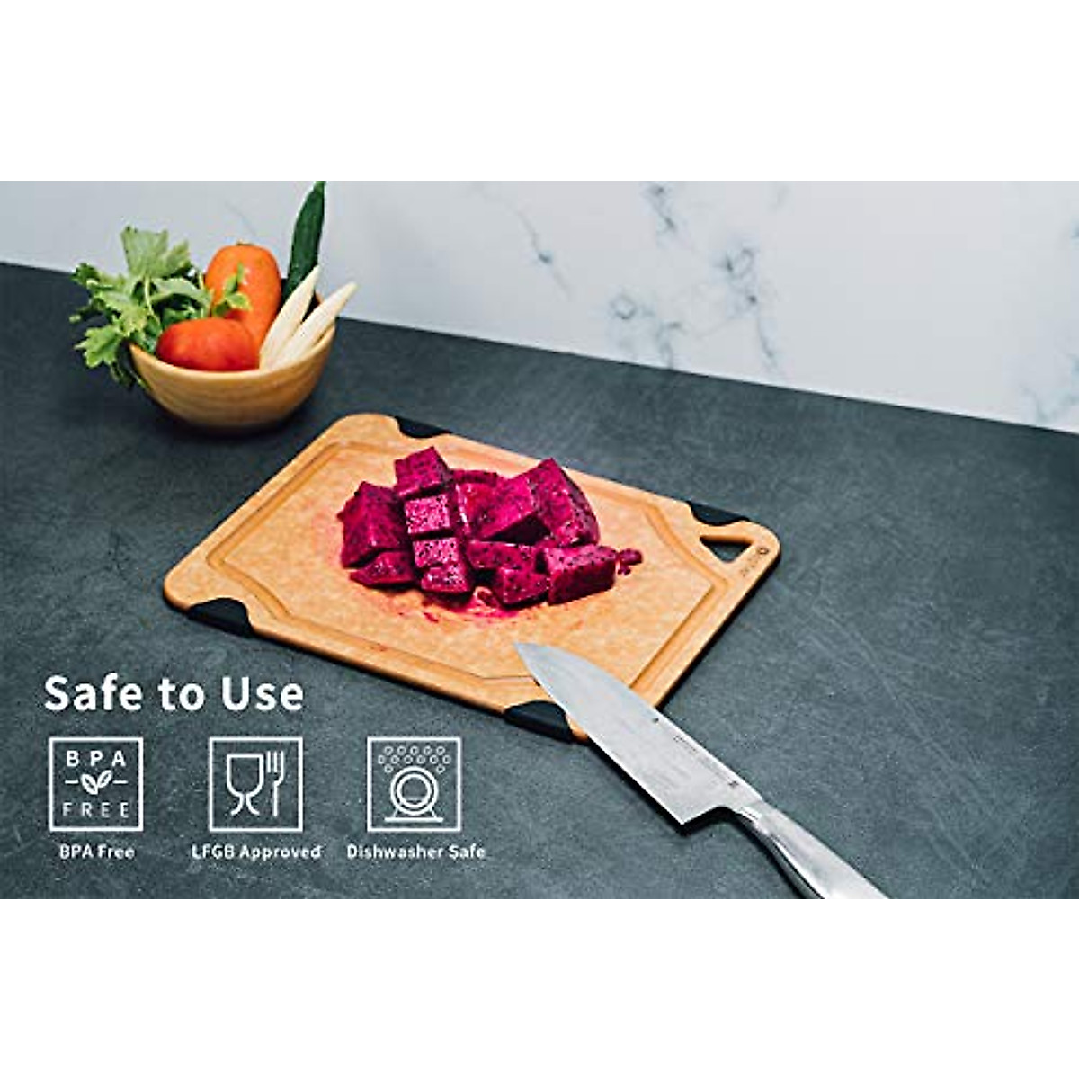 Cutting Board for Kitchen Dishwasher Safe, Toptier, Wood, Fiber , Eco-Friendly, Non-Slip, Juice Grooves, Non-Porous, BPA Free, Small, Silicone, 11.5 x 9.25-inch, Natural Slate
