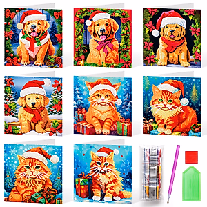 8pcs Christmas Diamond ATR Cards 5d DIY Christmas Diamond Art for Adults Beginners Santa Cat and Santa Dog Xmas Greeting Cards for Holiday Craft Card Making