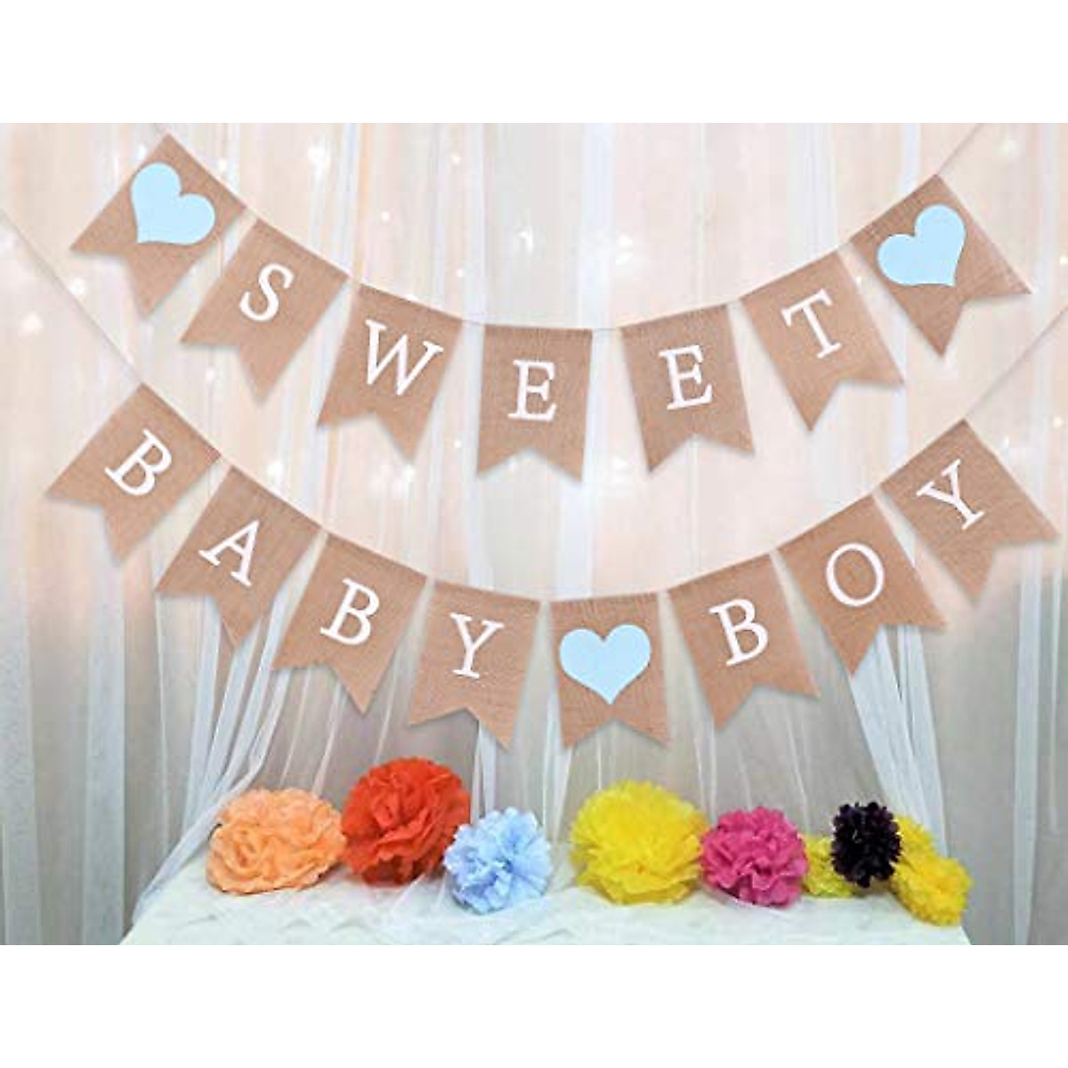 Sweet Baby Boy Burlap Banner - Sweet Baby Boy Shower Decorations, Rustic Baby Shower Decorations, Photo Decoration Props (Sweet Baby Boy Blue)