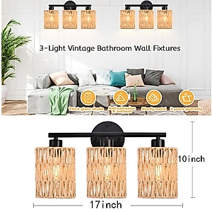 3-Light Black Bathroom Light Fixtures,Modern Rattan Bathroom Vanity Light Over Mirror,Rustic Bath Wall Mount Lights Fixtures with Boho Woven Wicker Lampshade,Farmhouse Wall Sconces Lamp for Bedroom