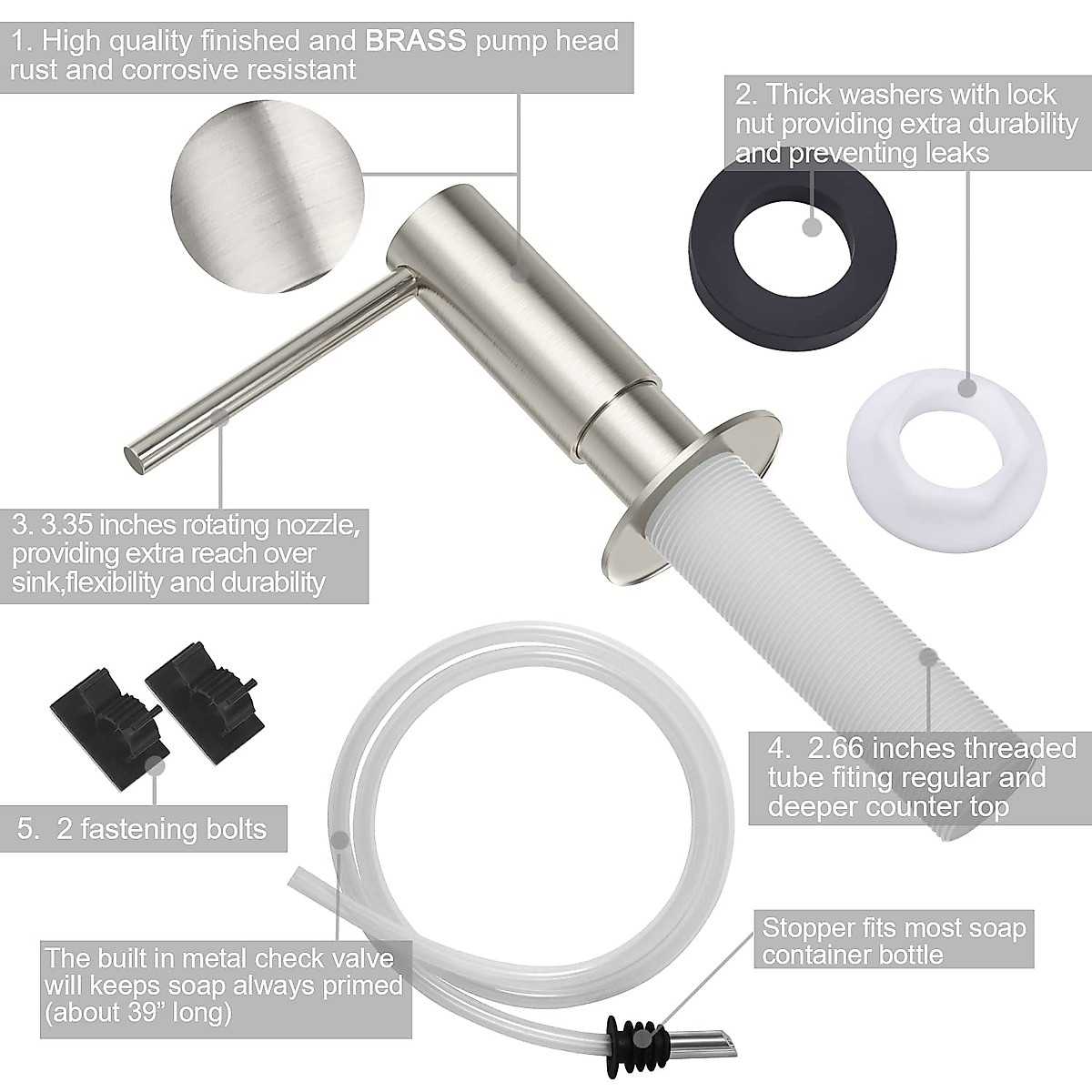 SAMODRA Kitchen Sink Soap Dispenser, Brass Pump Head Brushed Nickel Finish Built in Design with 39" Extension Tube Directly to Soap Bottle, No More Messy Refills(No Bottle)