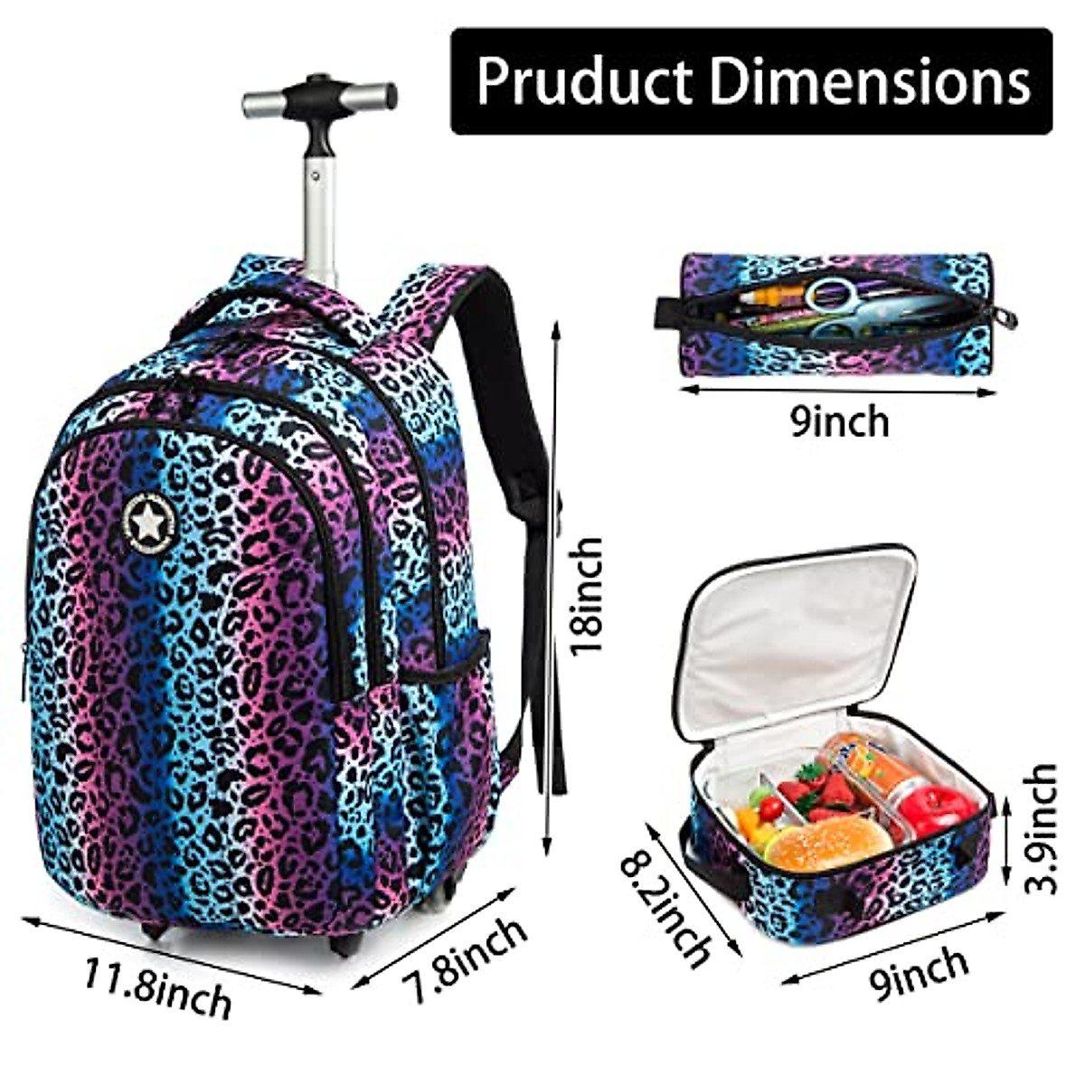Jasminestar Rolling Backpack for Girls 18inch with Lunch Bag and Pencil Case, Lightweight School Bookbags for Boys and Girls